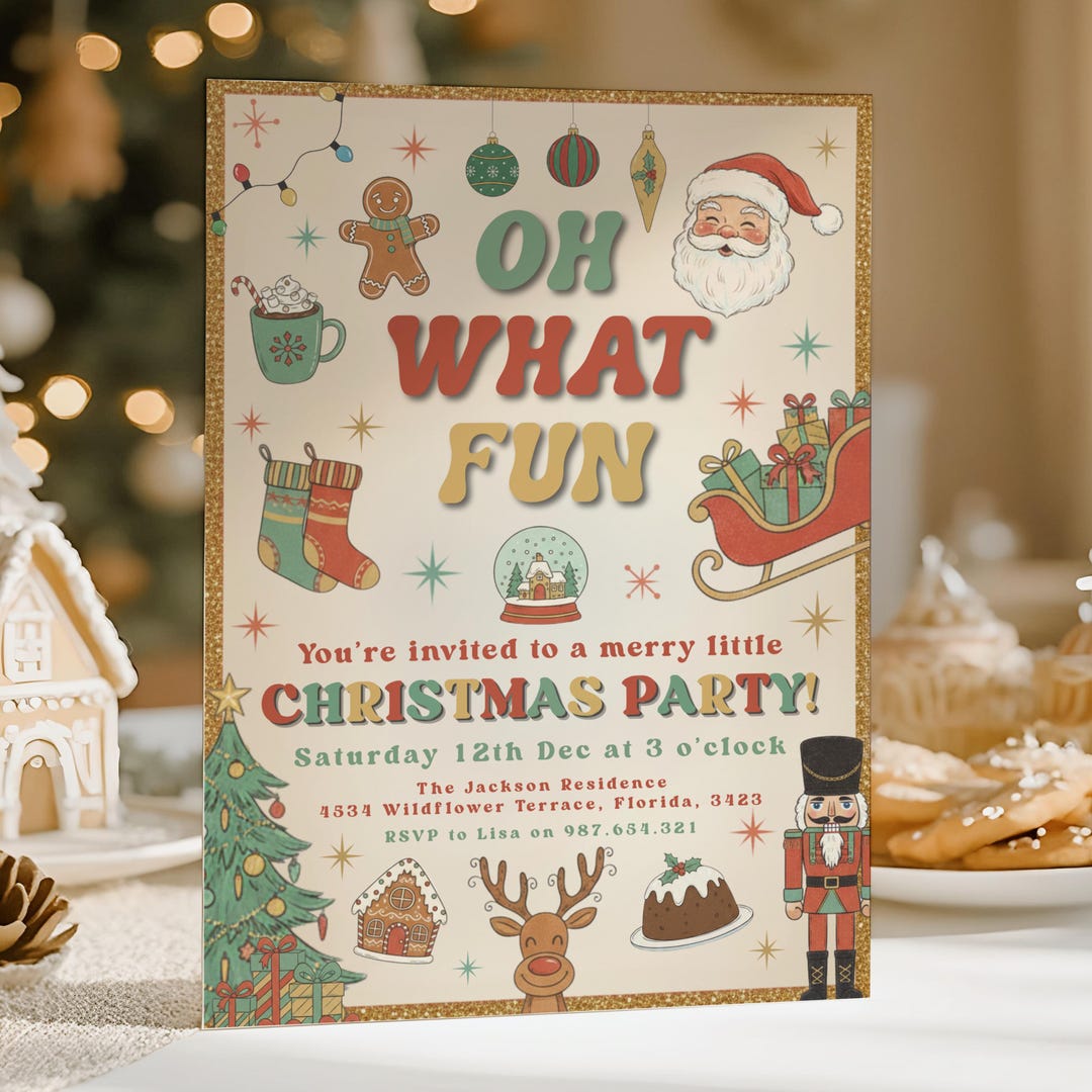Retro Oh What Fun Editable Christmas Party Invitation, Vintage Holiday ...
