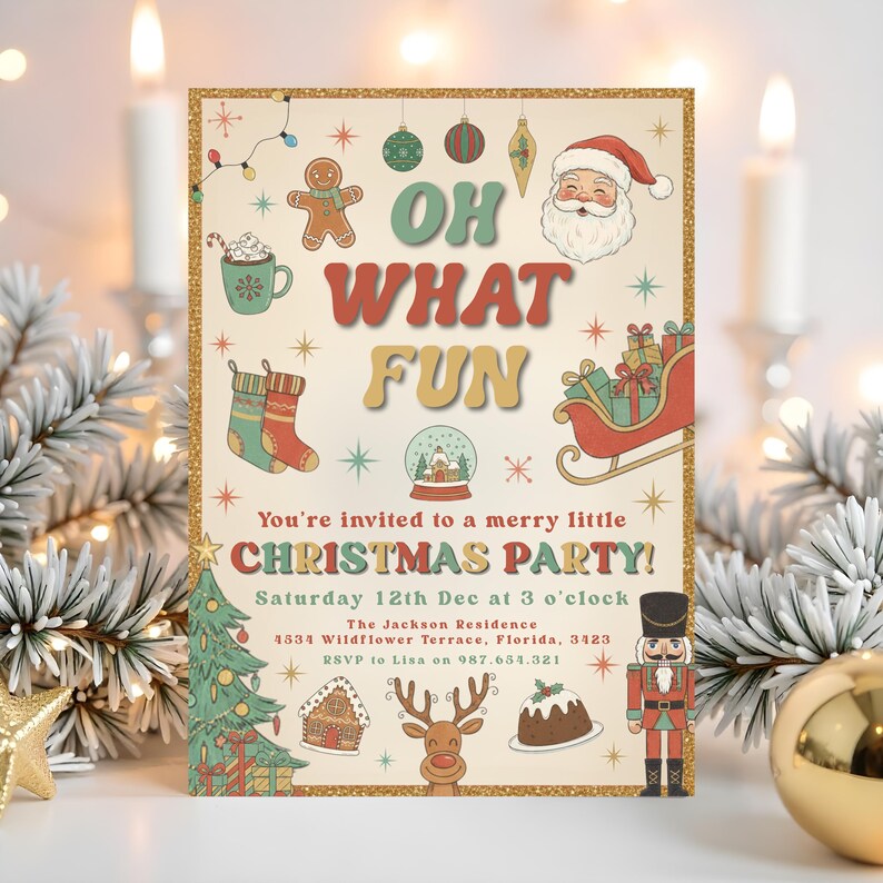 Retro Oh What Fun Editable Christmas Party Invitation, Vintage Holiday ...