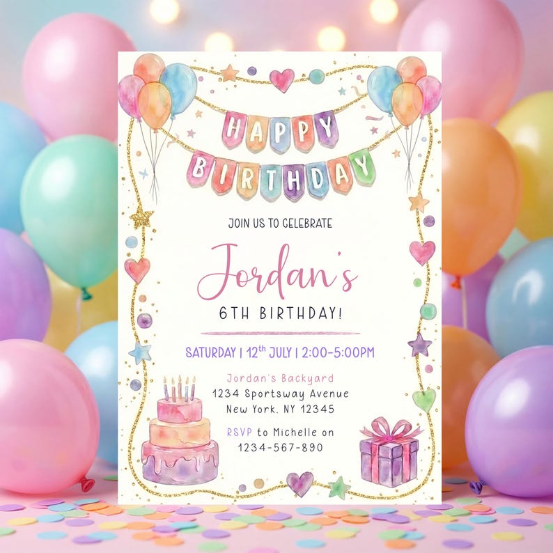 Rainbow Pastel Birthday Invitation Editable Watercolor Girl's Invite ...