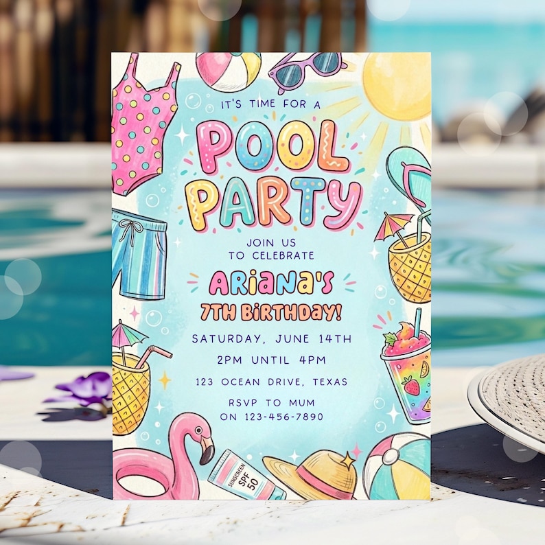 Pool Party Birthday Invitation Girls Hand Drawn Pastel Summer Invite ...