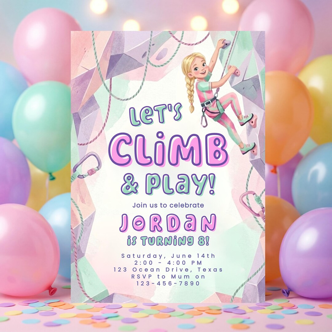 Rock Climbing Birthday Invitation Girls Climb and Play Invite Editable ...