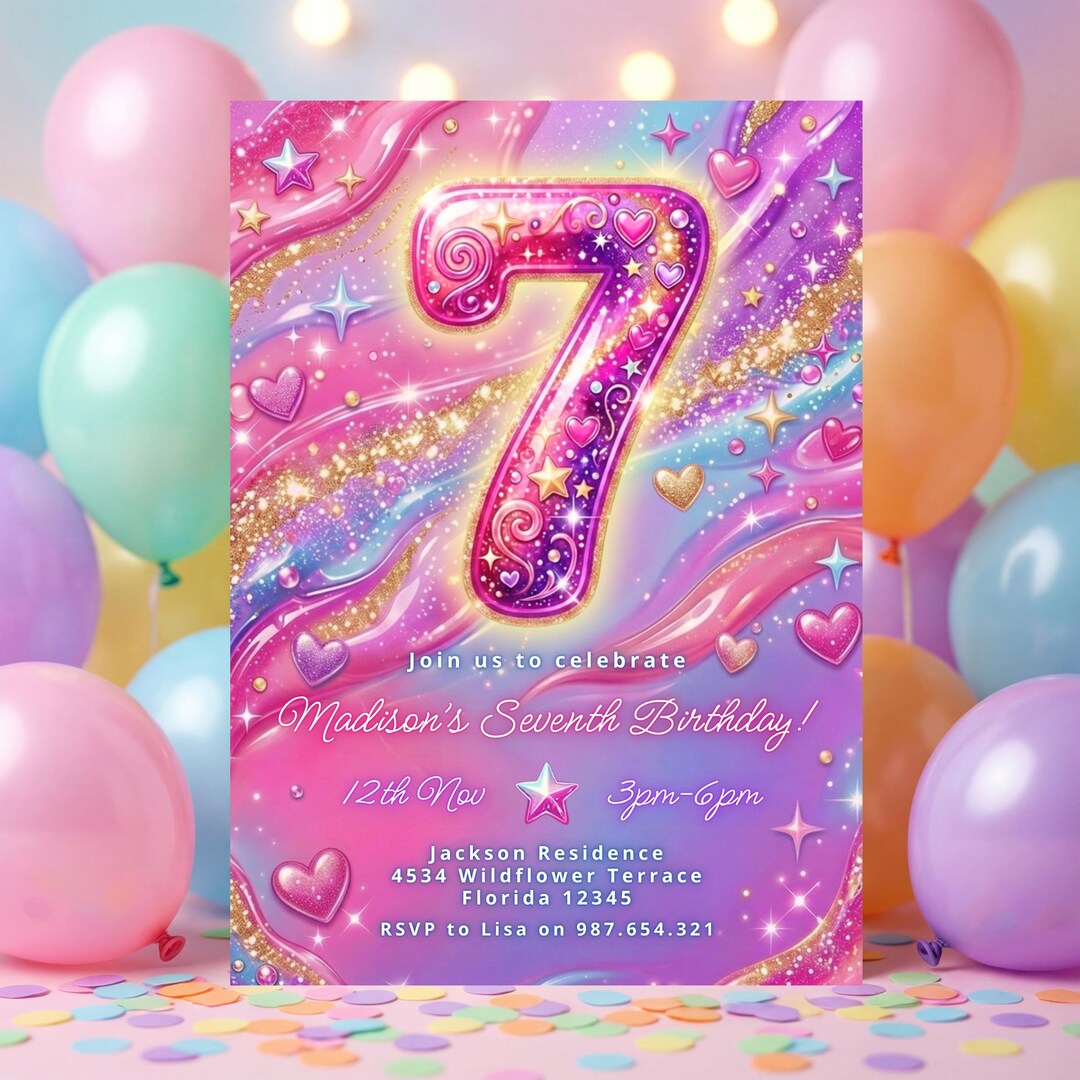 Girl's 7th Birthday Invitation Editable Glossy Glitter Seventh Party ...