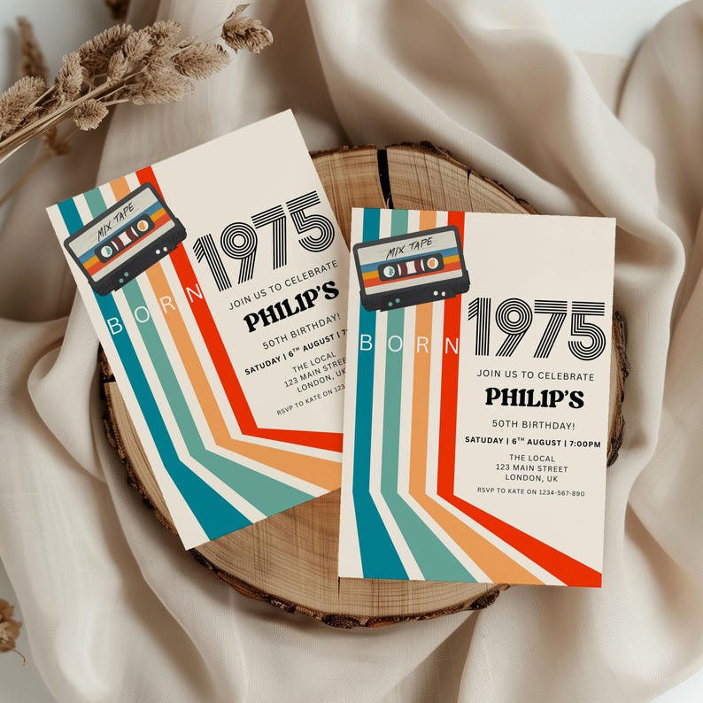 Editable Retro Template, Retro 1975, Birth Year Party Invite, Cassette ...