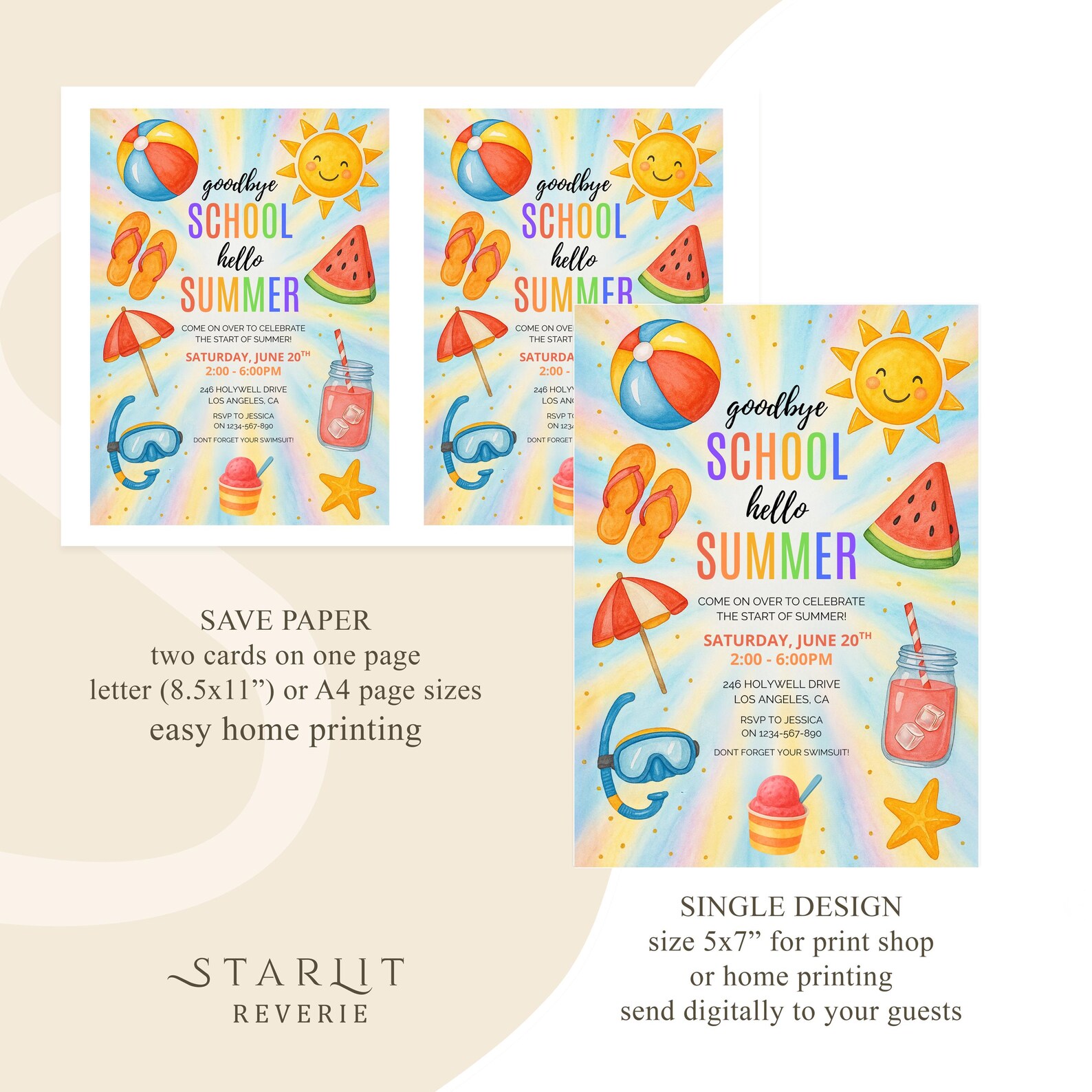 Goodbye School Hello Summer Invitation, Editable Pool Party Invite ...