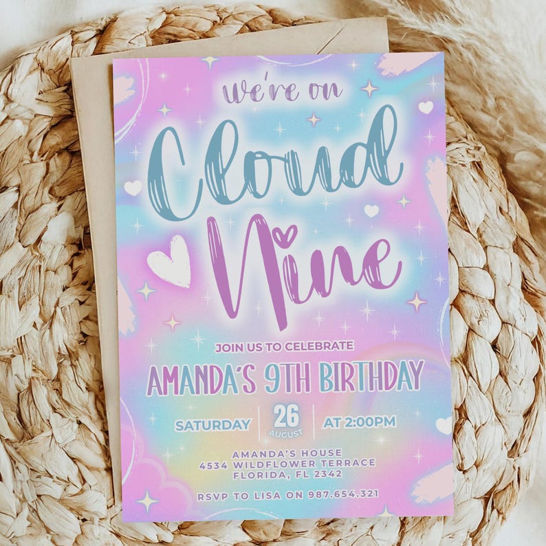 Cloud Nine 9th Birthday Invitation Pastel Neon Girls Party Invite ...