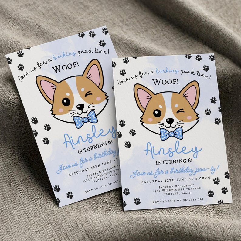 Puppy Birthday Invitation Editable Blue Dog Party Invite Template - Etsy