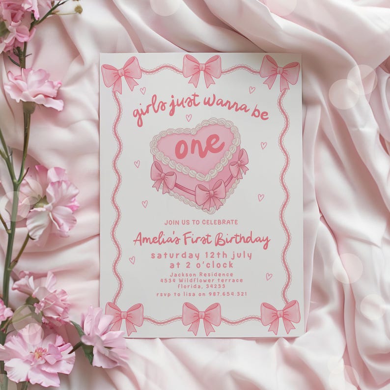 Girls Just Wanna Be One 1st Birthday Invitation Pink Coquette Bow Cake ...