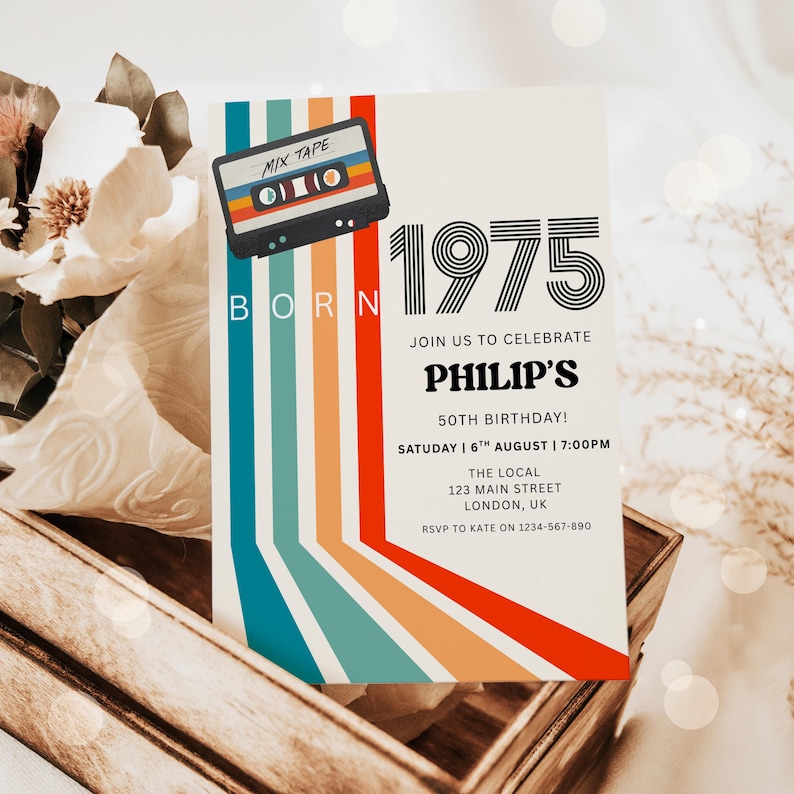 Editable Retro Template, Retro 1975, Birth Year Party Invite, Cassette ...