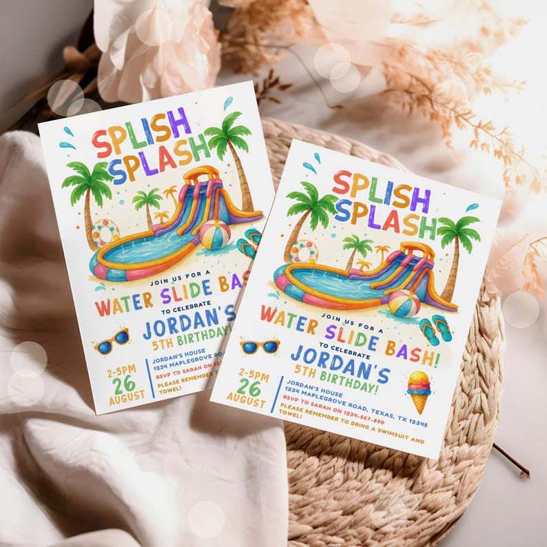 Water Slide Birthday Party Invitation, Splish Splash, ANY AGE ...