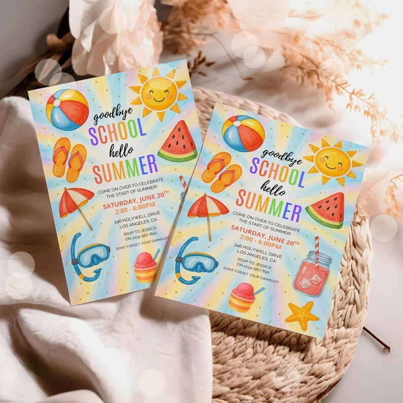 Goodbye School Hello Summer Pool Party Invitation Editable Kids ...