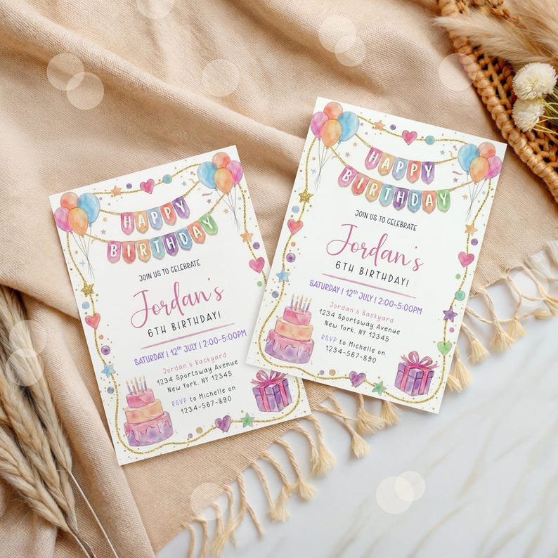 Rainbow Pastel Birthday Invitation Editable Watercolor Girl's Invite ...