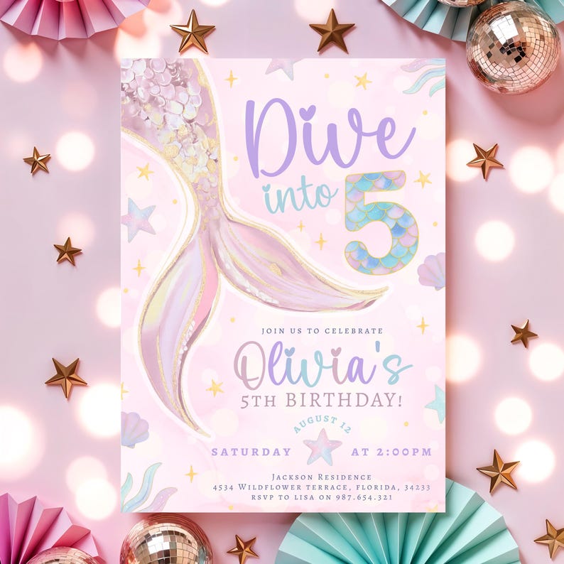 Dive Into Five Birthday Invitation, Mermaid Bash, Dive Into 5 Birthday ...