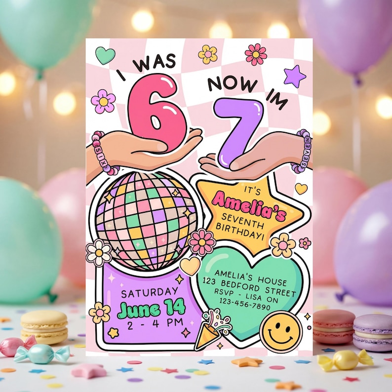 7th Birthday Invitation Pastel Preppy 6-7 I Was 6 Now I'm 7 Party ...