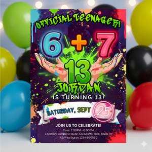 13th Birthday Invitation 6+7 13 Party Invite Neon Graffiti Editable ...