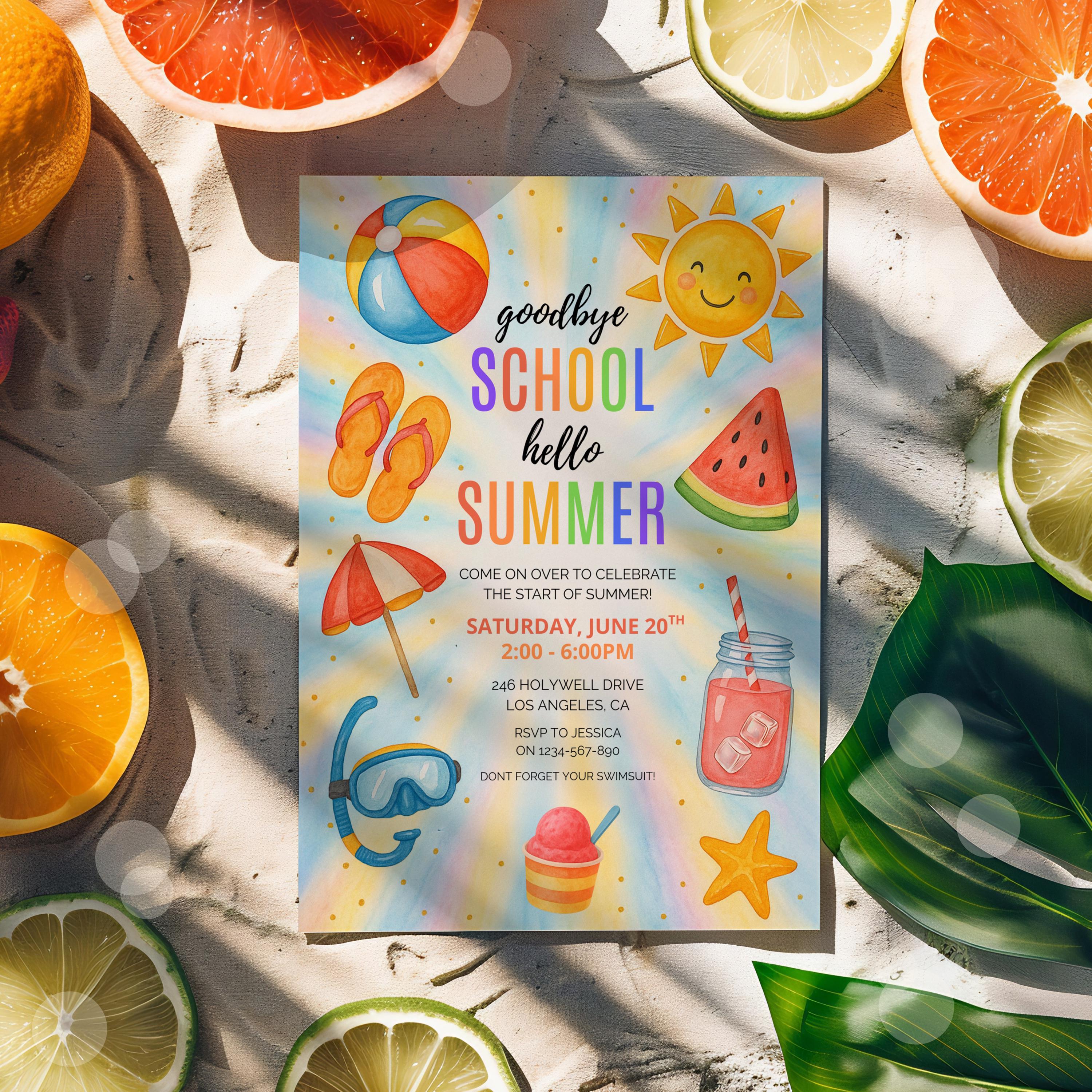 Goodbye School Hello Summer Invitation, Editable Pool Party Invite ...