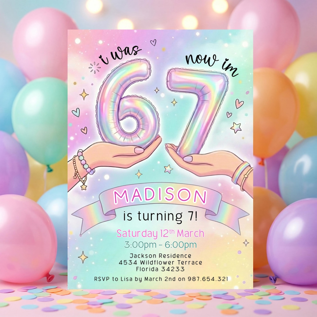 I Was 6 Now I'm 7 Birthday Invitation Rainbow Pastel 6-7 7th Party ...