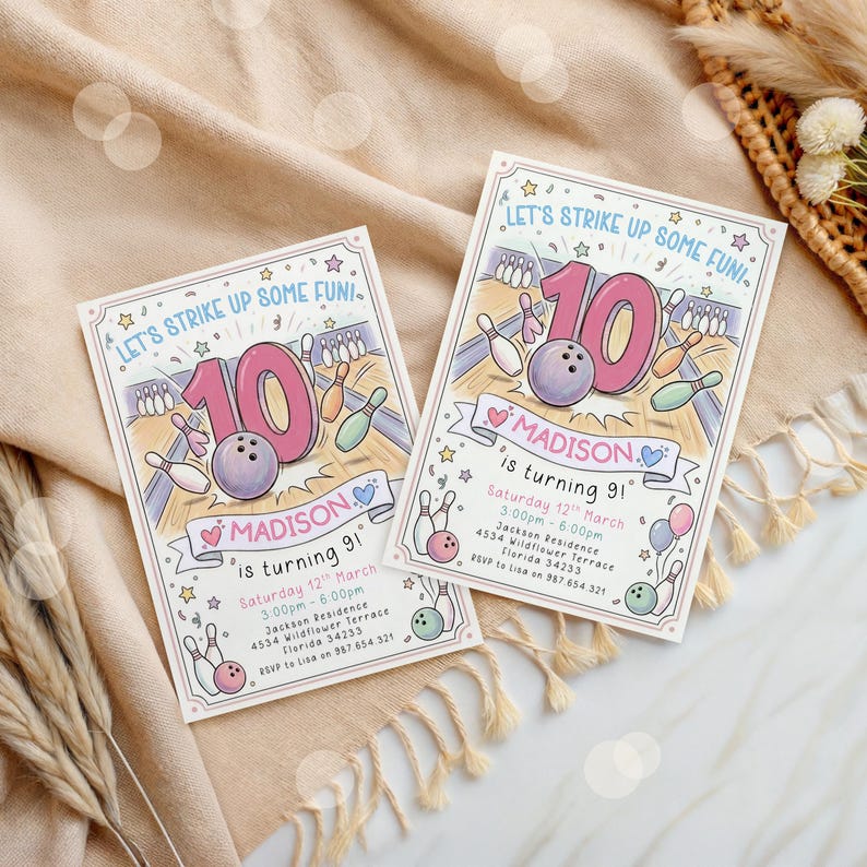 10th Birthday Bowling Party Invitation Girl's Pastel Invite Editable ...