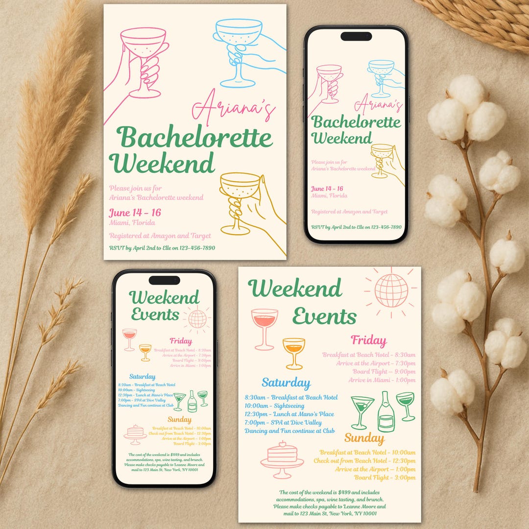 Colorful Hand Drawn Bachelorette Weekend Itinerary Invitation Template ...