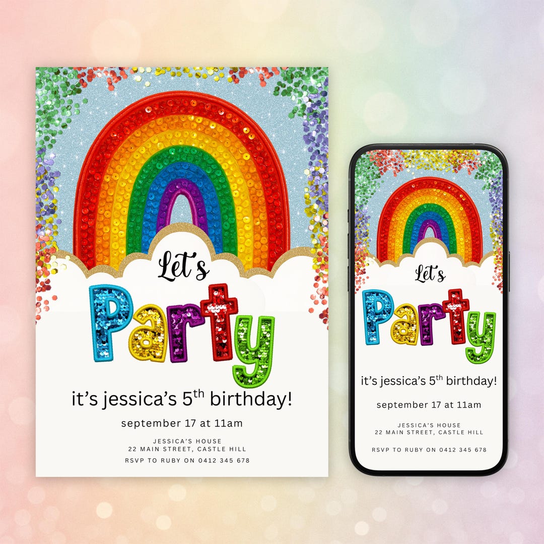 Rainbow Sequin Birthday Party Invitation Template, Colorful Glitter ...
