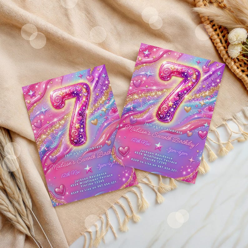 Girl's 7th Birthday Invitation Editable Glossy Glitter Seventh Party ...