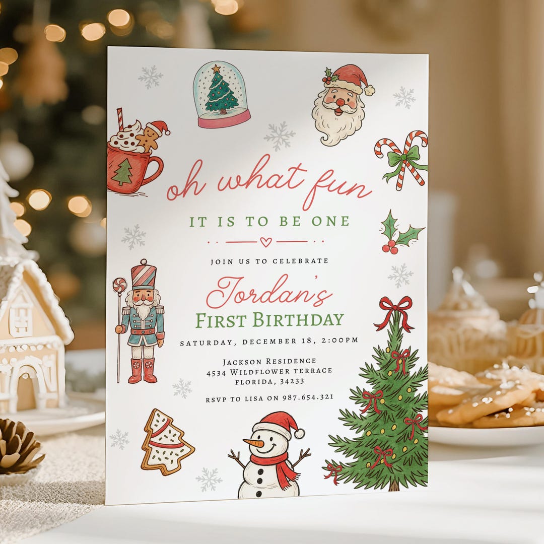 Christmas First Birthday Invitation, Hand Drawn Neutral Oh What Fun 1st ...
