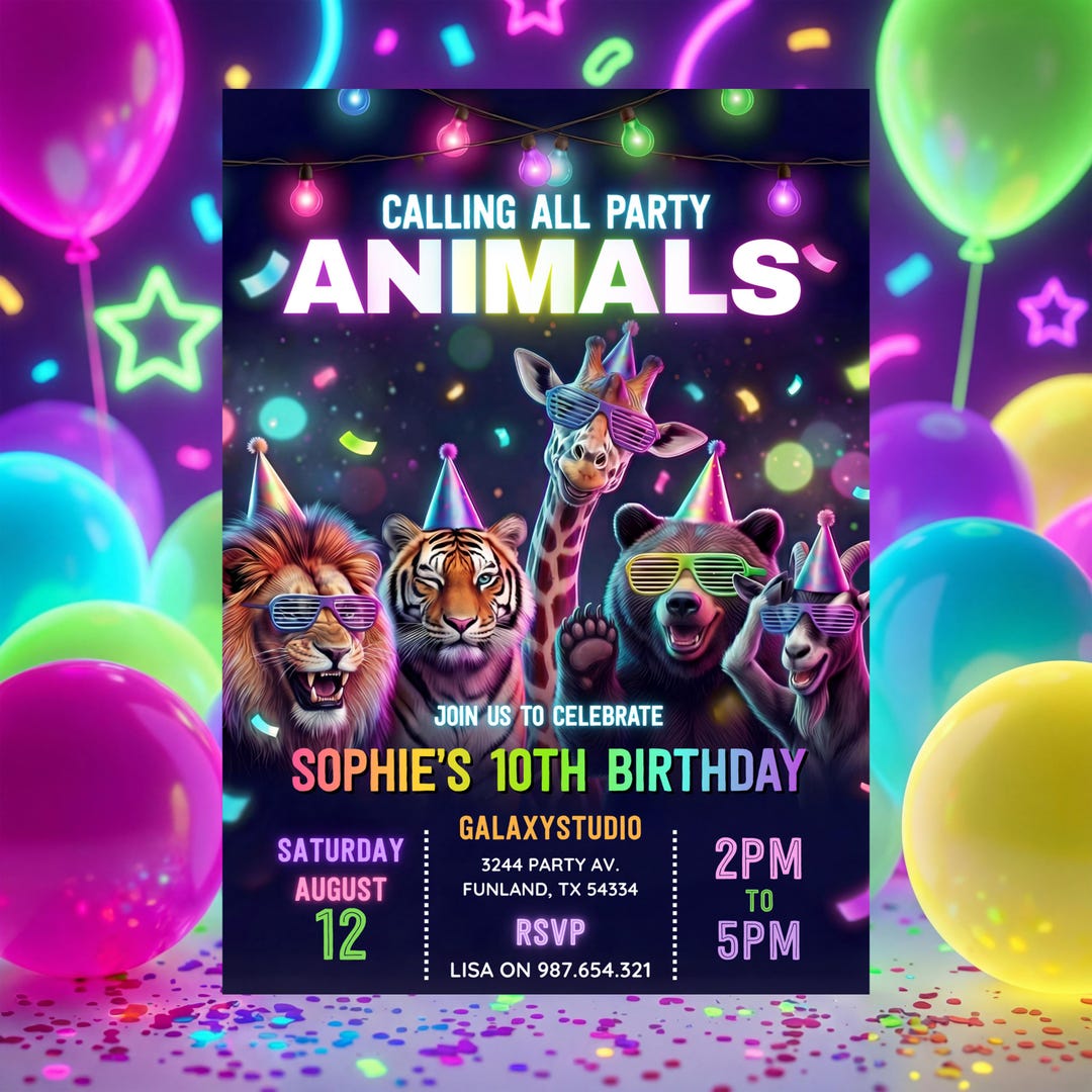 Animal Birthday Invitation Calling All Party Animals Neon Theme Kids ...