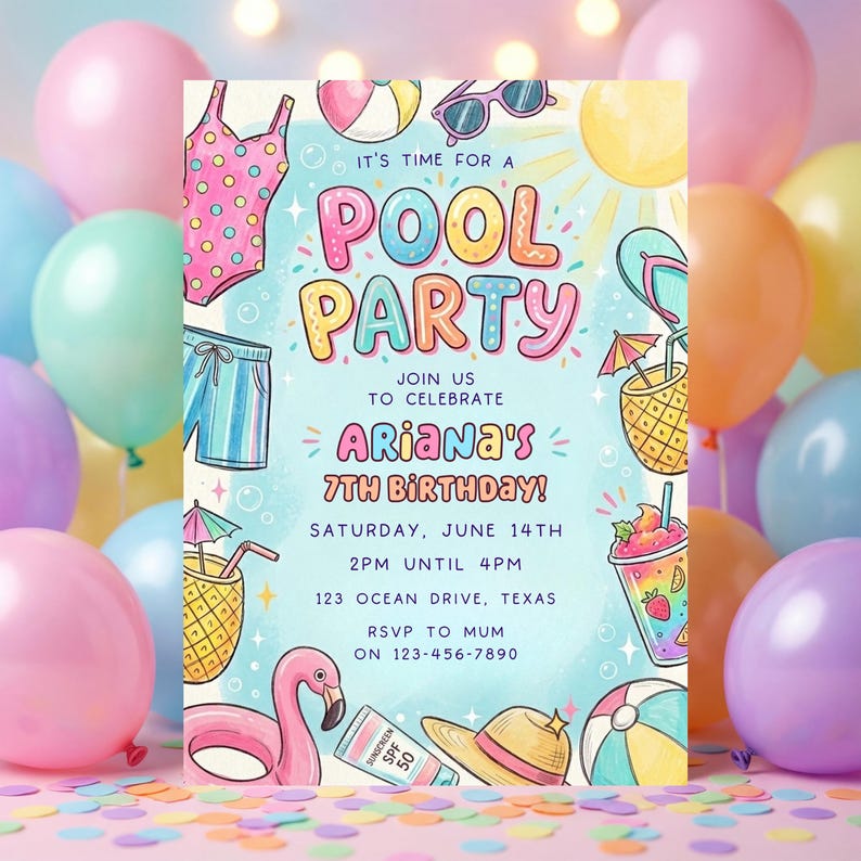 Pool Party Birthday Invitation Girls Hand Drawn Pastel Summer Invite ...