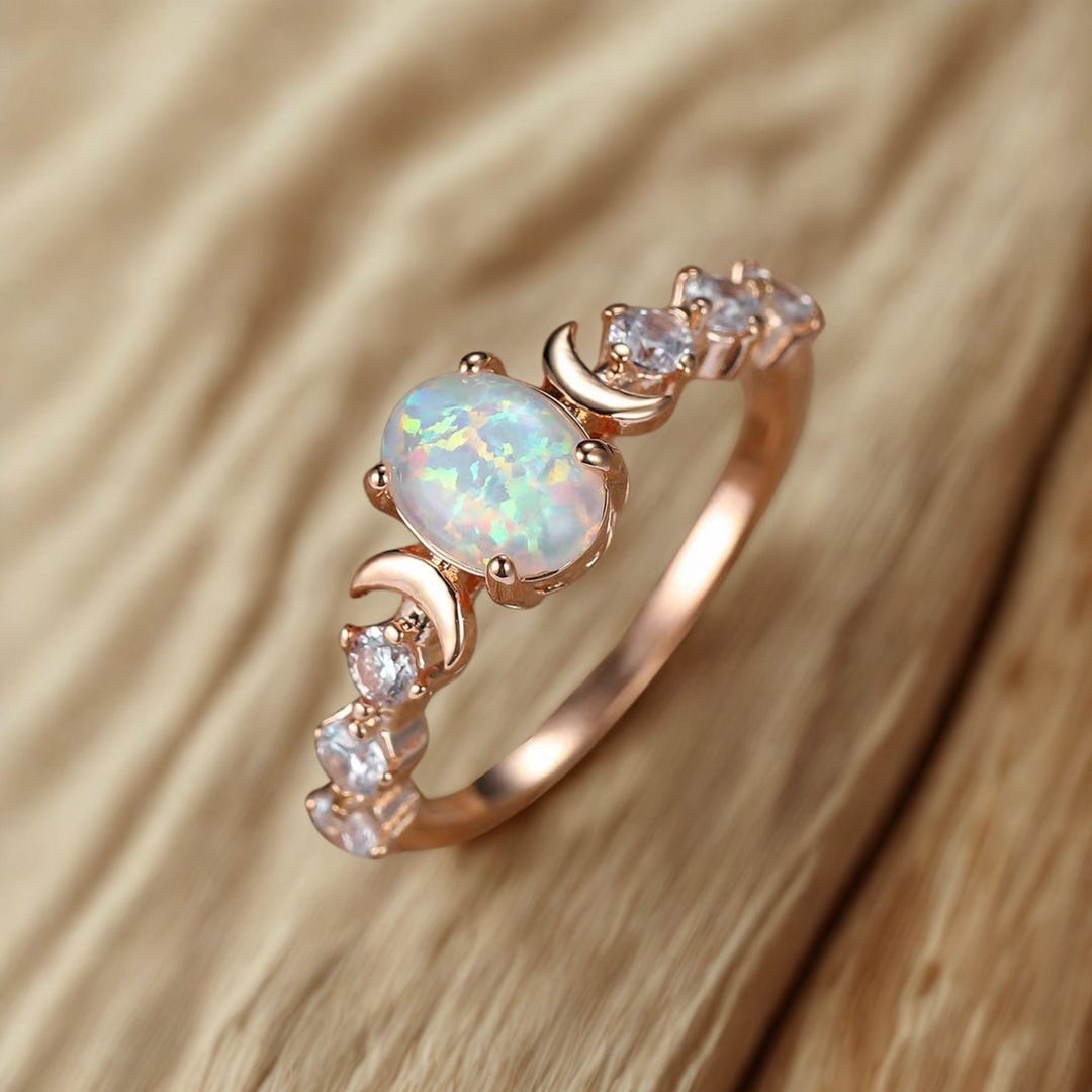 Moonstone Opal Ring - Triple Moon Goddess Ring, Celestial Moon Ring ...
