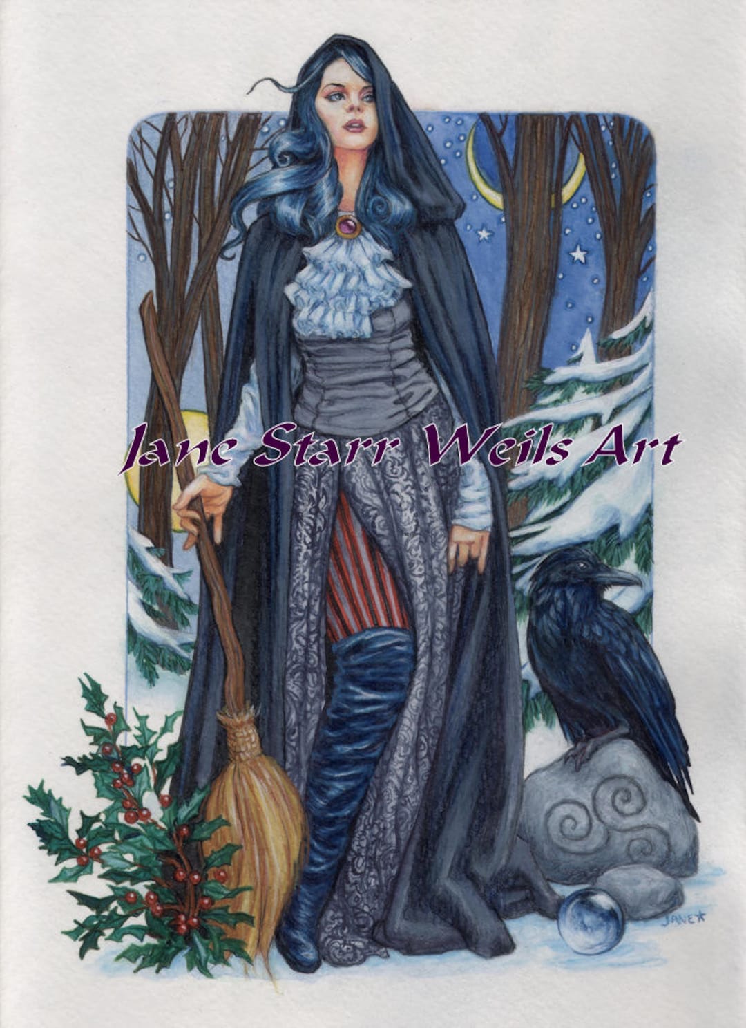 Winter Solstice Witch With Her Raven, Behind Her the General Sun and ...