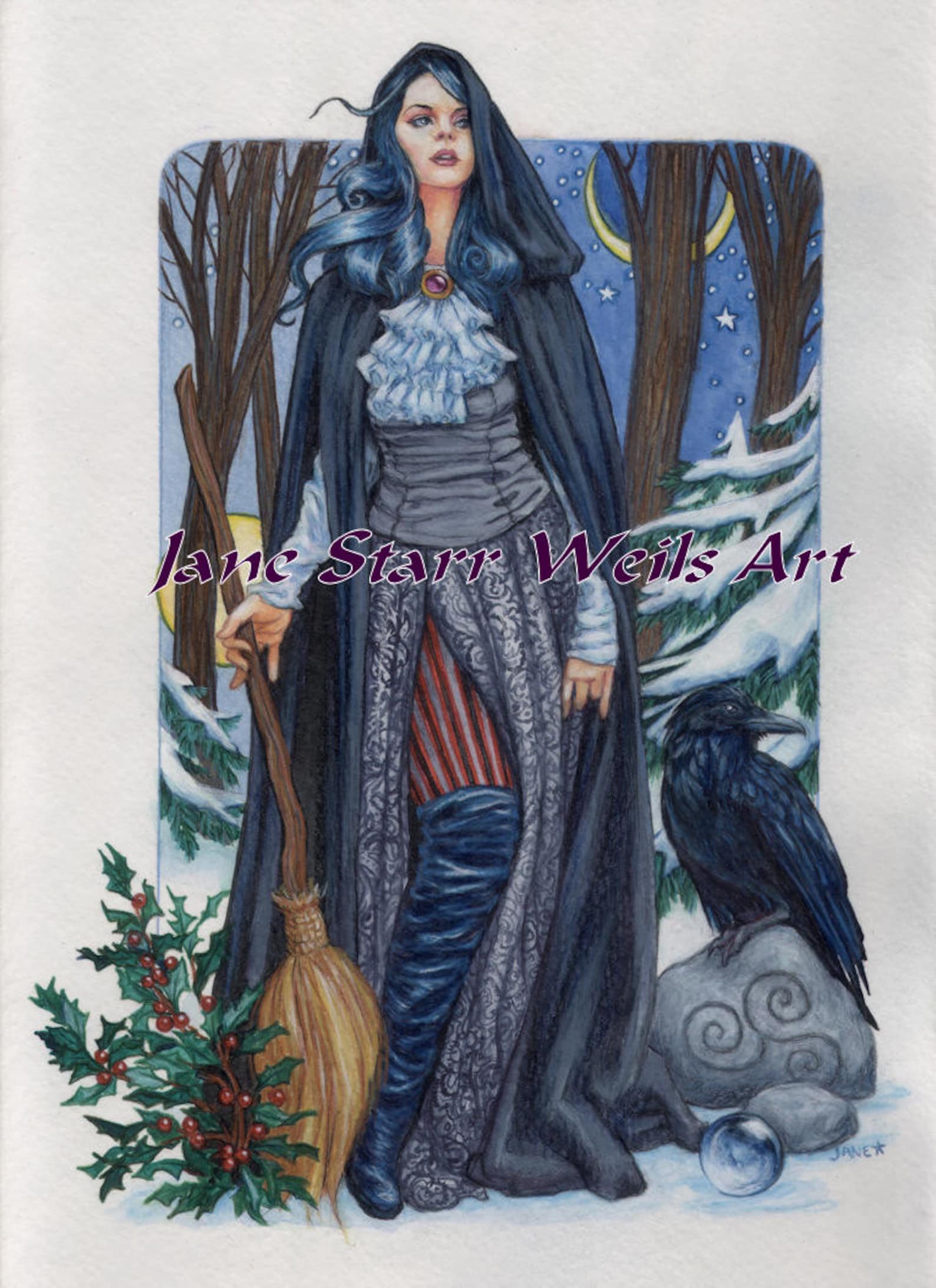 Winter Solstice Witch With Her Raven, Behind Her the General Sun and ...