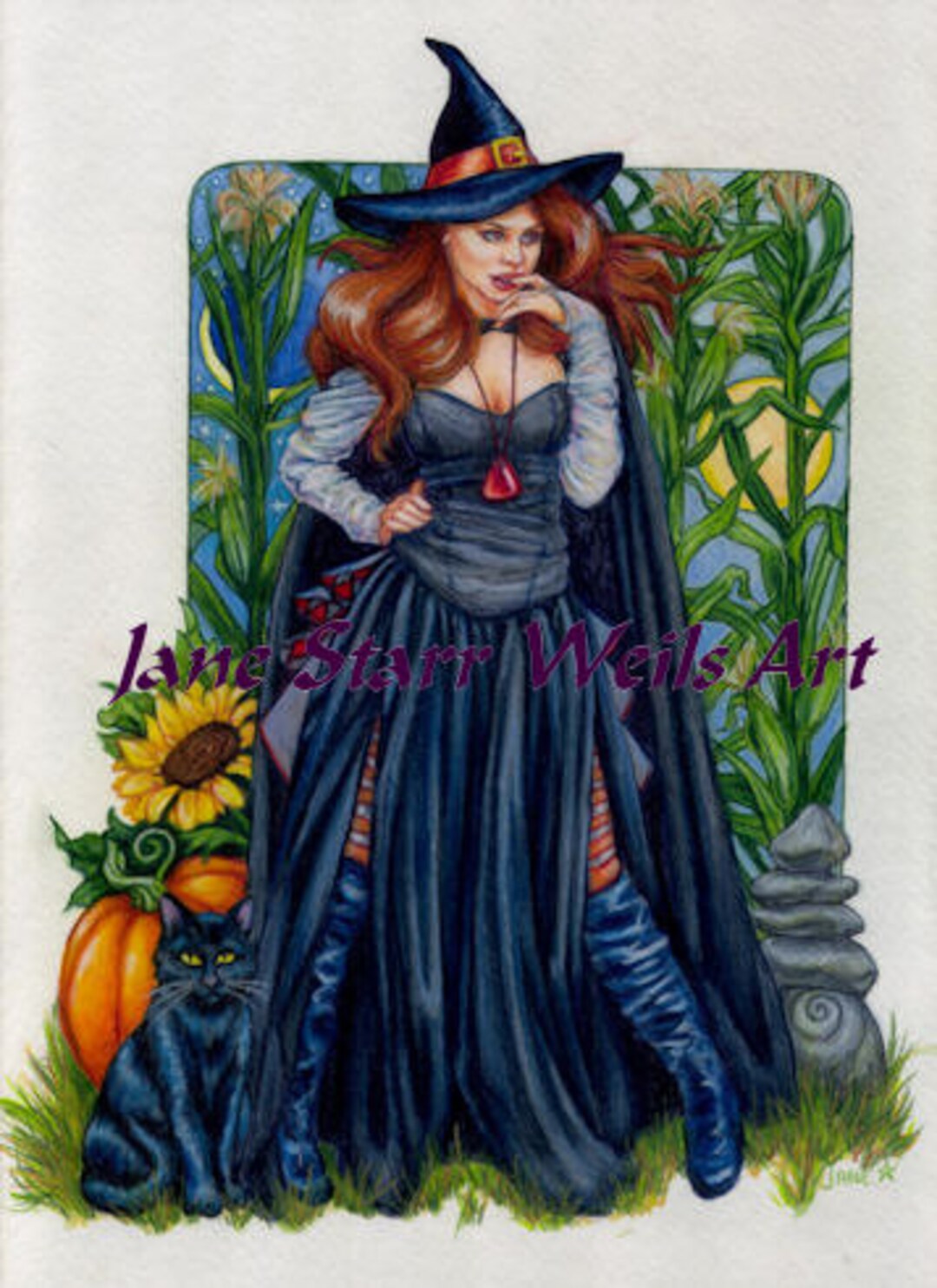 Autumn Solstice Witch With Her Black Cat and Pumpkin. - Etsy