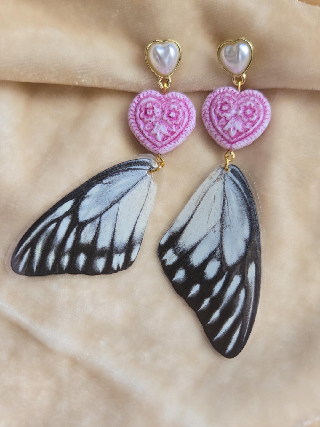 Blush Heart Butterfly Wing Earrings - Etsy