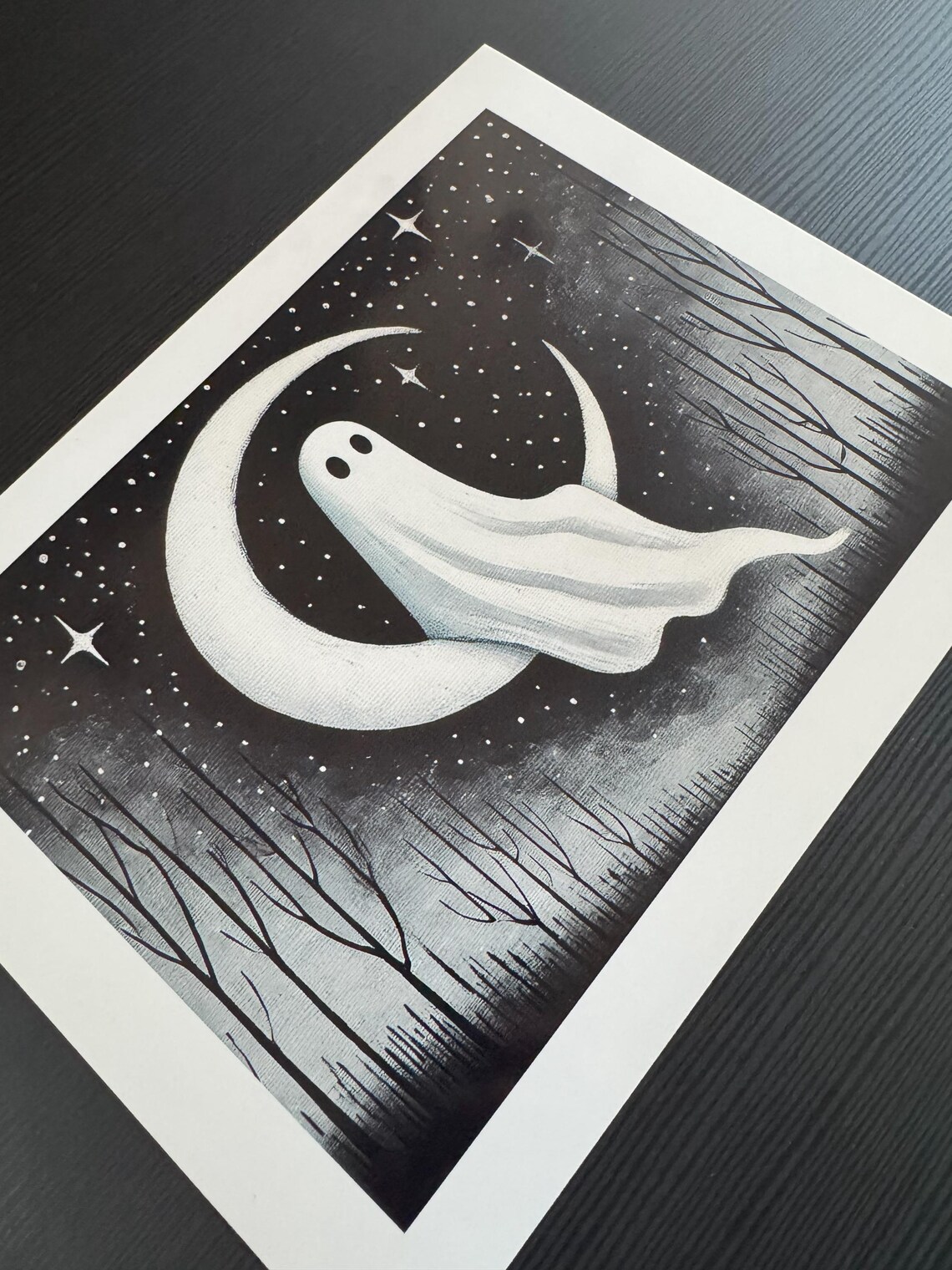Spooky Ghost & Crescent Moon Art Print – Gothic Aesthetic Wall Art ...