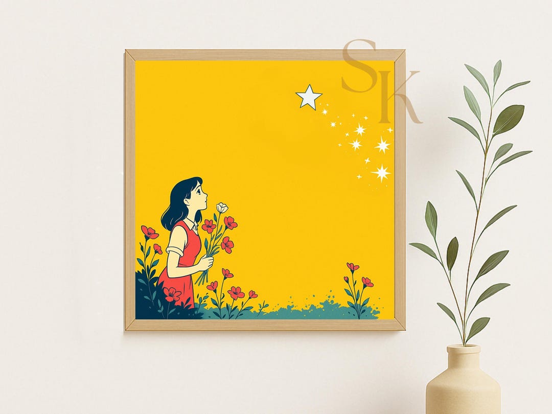 Shooting Star Anime Style Art Print – Whimsical Girl and Flower ...