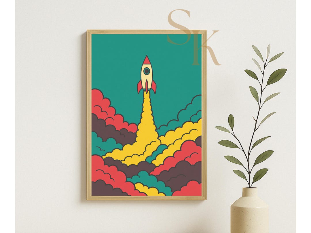 Rocket Launch Art Print – Colorful Pop Art Space Poster, Retro Cartoon ...