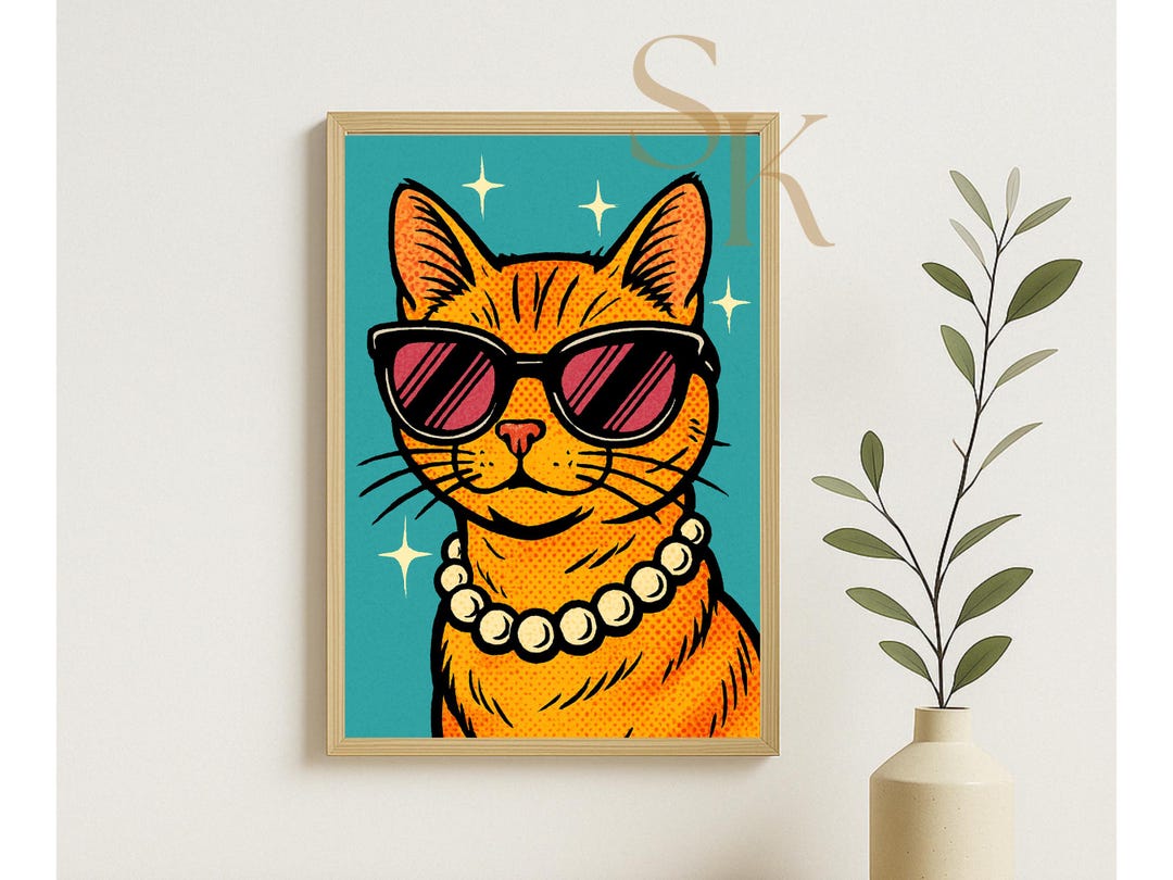 Glam Cat Wall Art – Retro Pop Art Cat Print With Sunglasses and Pearls ...