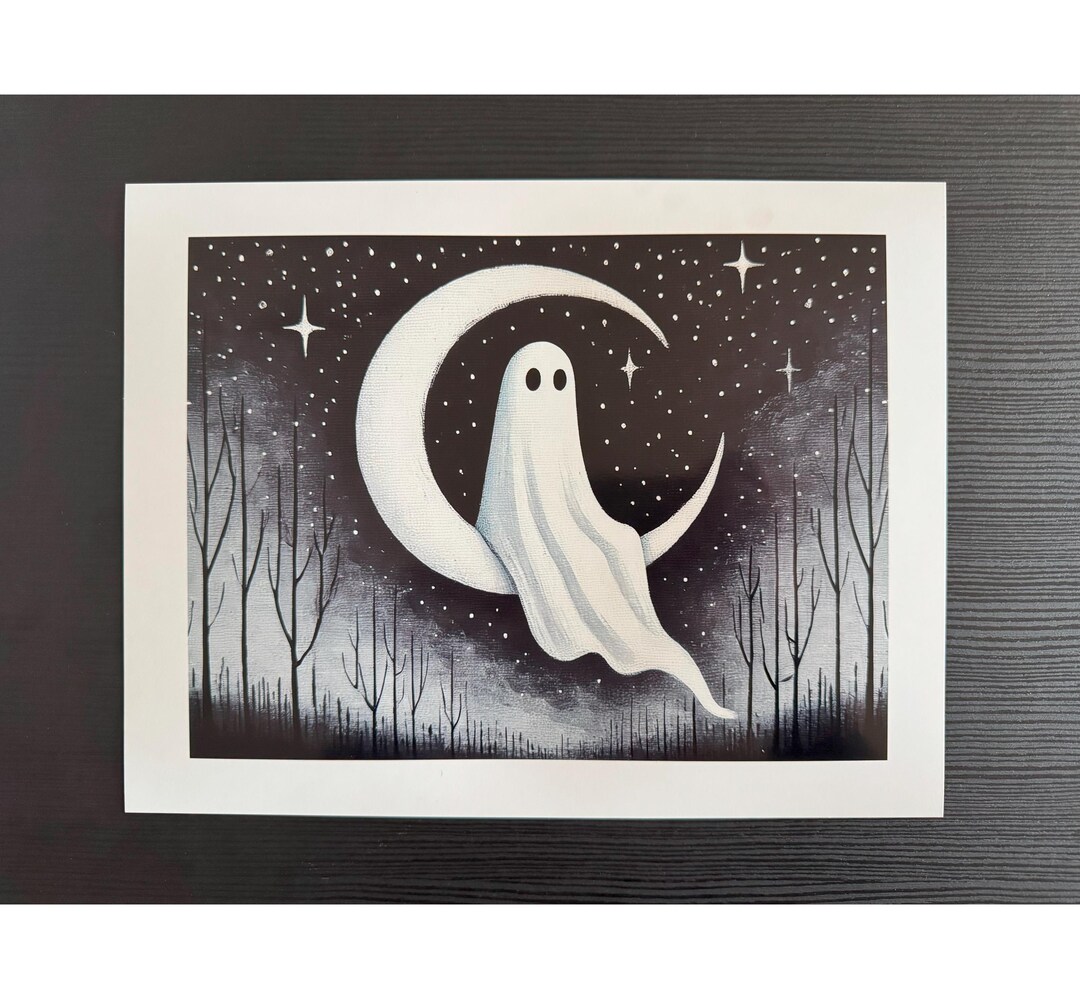 Spooky Ghost & Crescent Moon Art Print – Gothic Aesthetic Wall Art ...