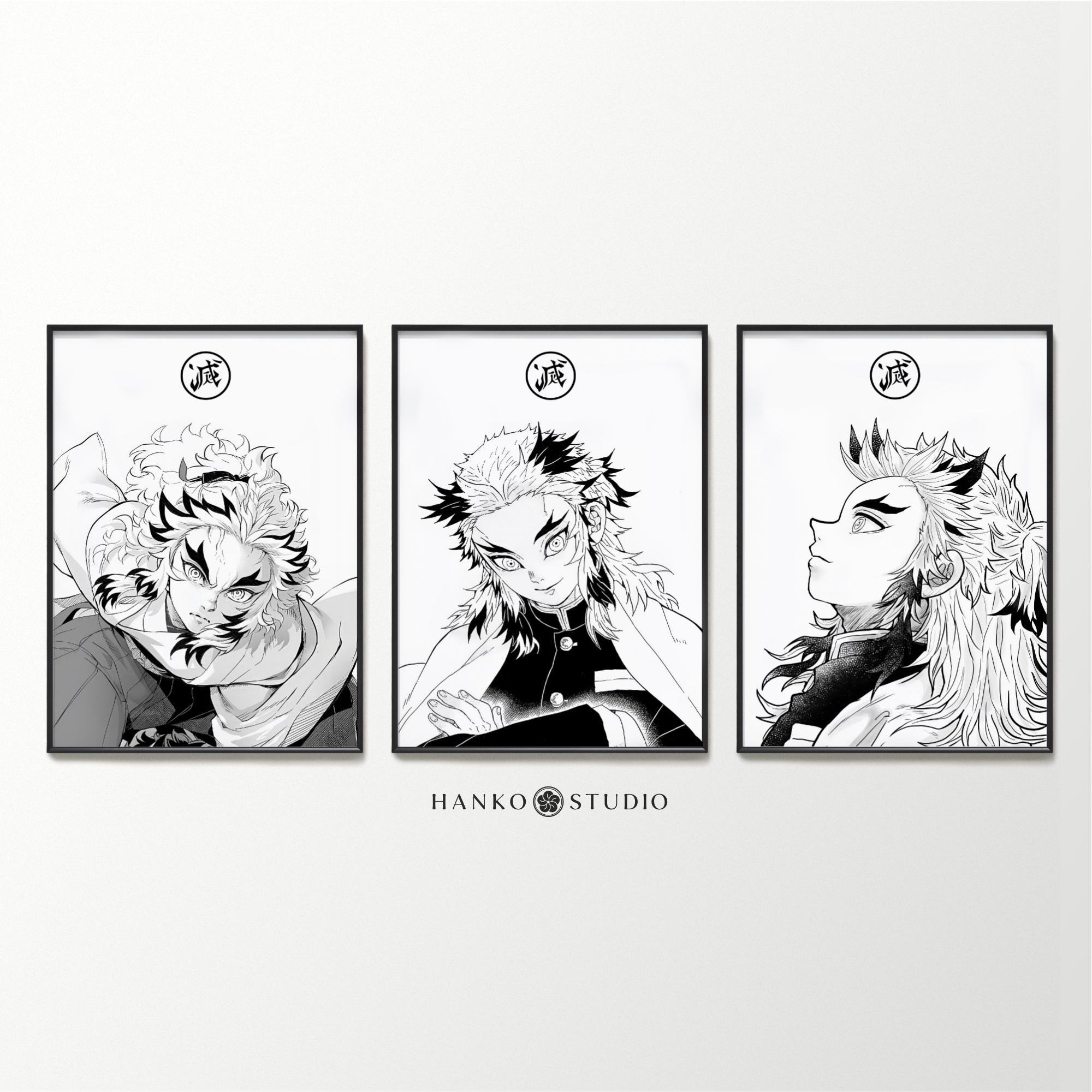 Rengoku Poster Set – 3 Black and White Manga-style Prints of Kyōjurō ...