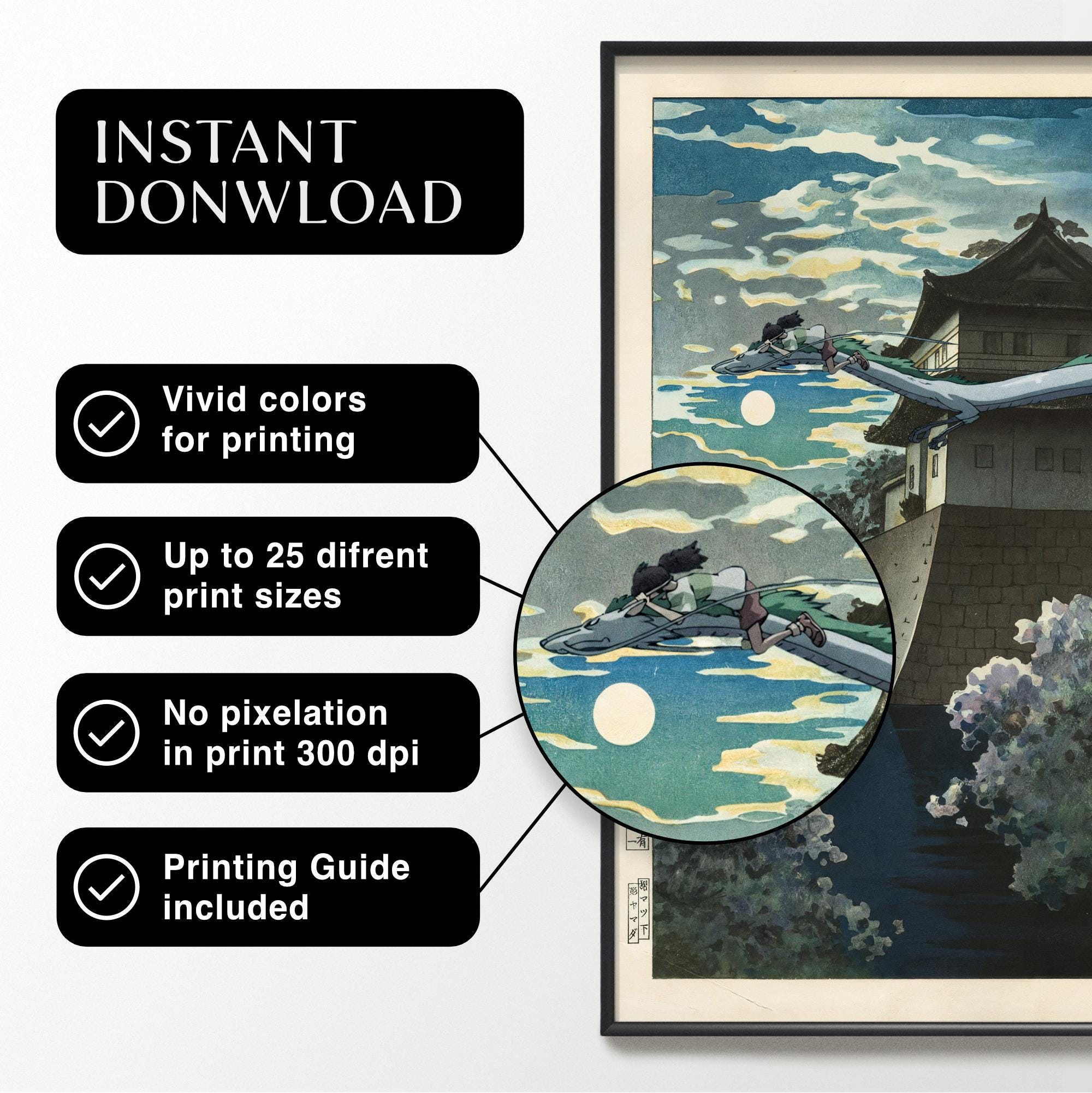 Spirited Away Poster - Chihiro and Haku Flying Scene in Ukiyo-e Style ...