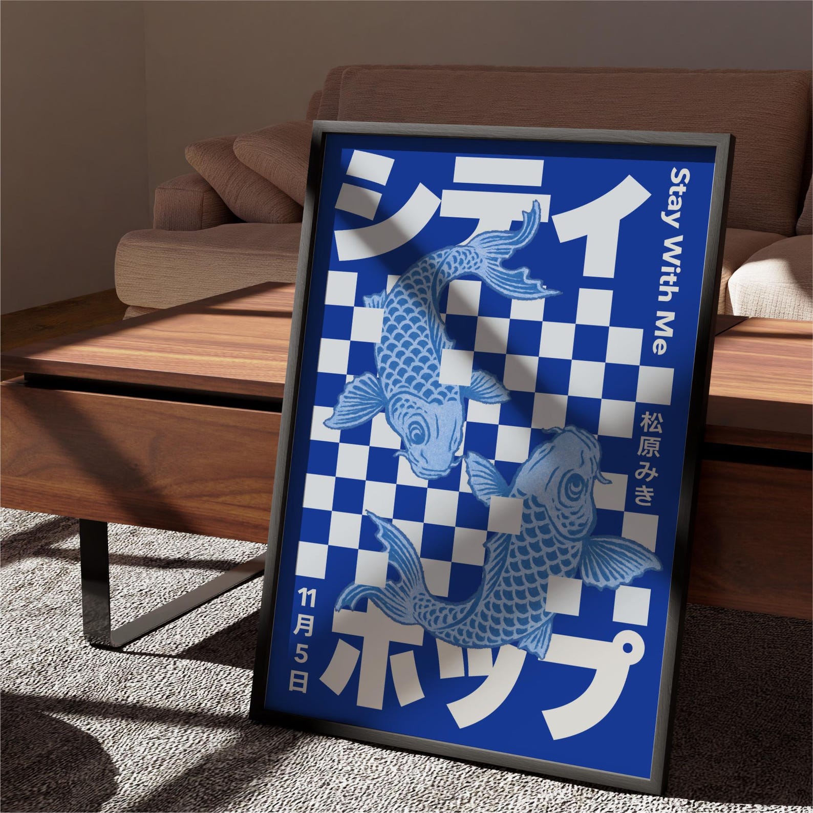 Japanese City Pop Poster – Retro Blue Koi Fish Print With Checkerboard ...