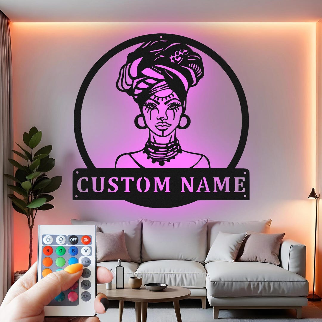African Woman Custom Sign Metal Wall Decor With Led Light , Afrocentric ...