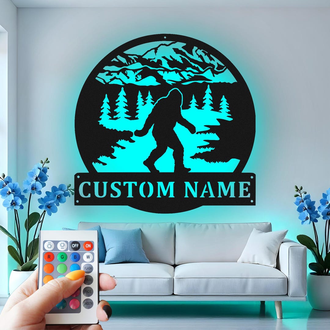 Bigfoot Sign Metal Wall Decor With Led Light , Sasquatch Forest Scene ...