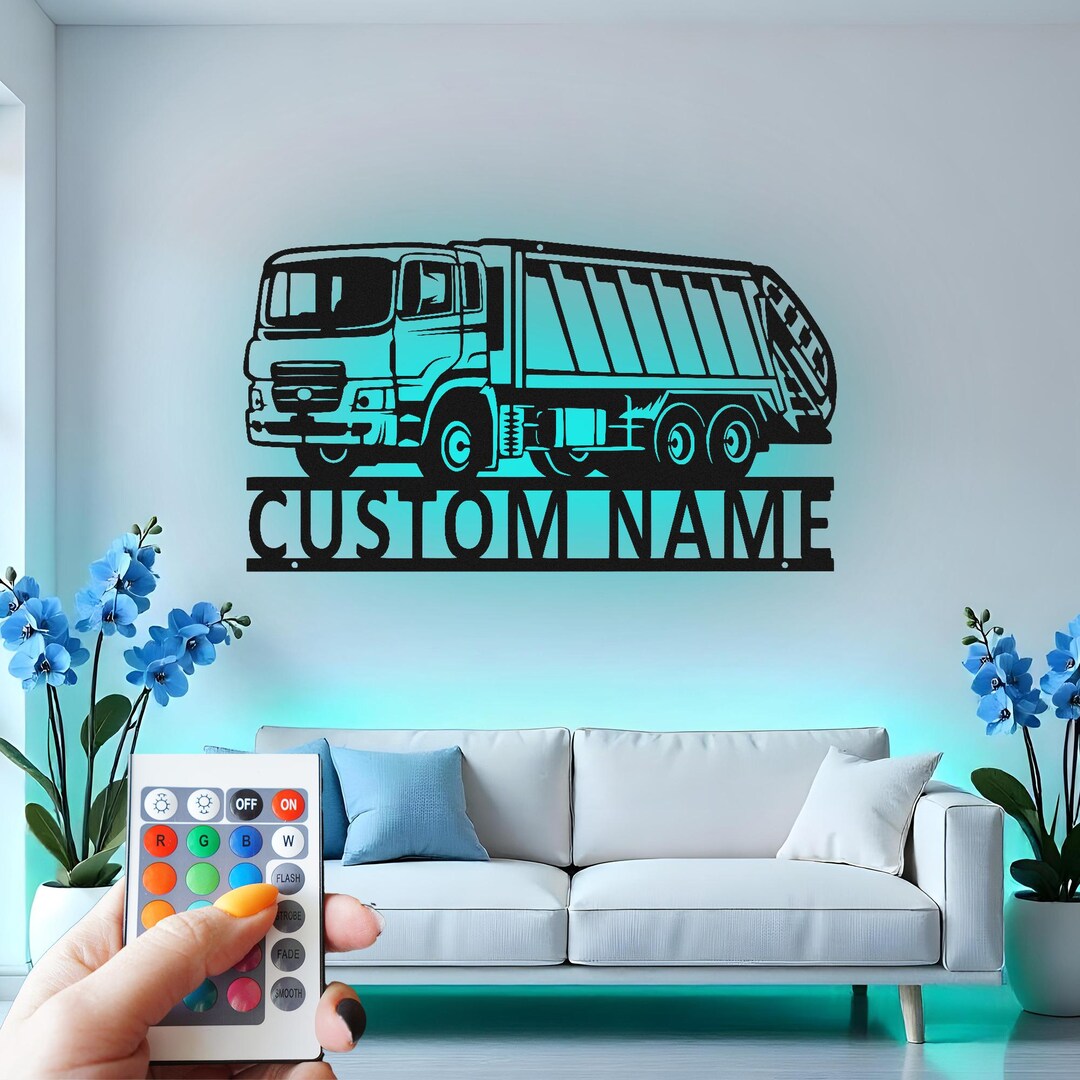 Custom Garbage Truck Metal Wall Art With Led Light , Personalized Waste ...