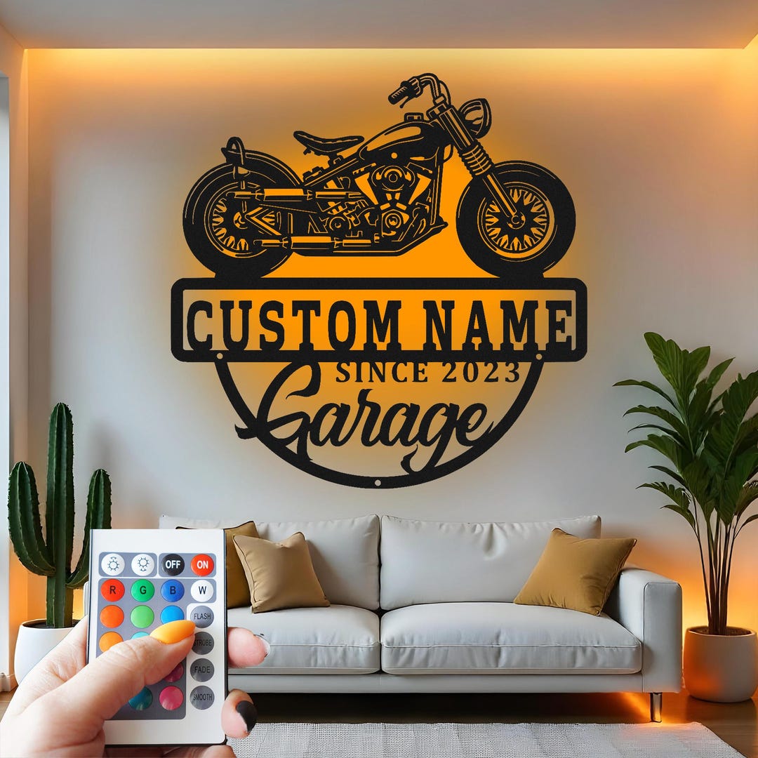 Custom Motorcycle Garage LED Metal Wall Art: Personalized Biker Decor ...