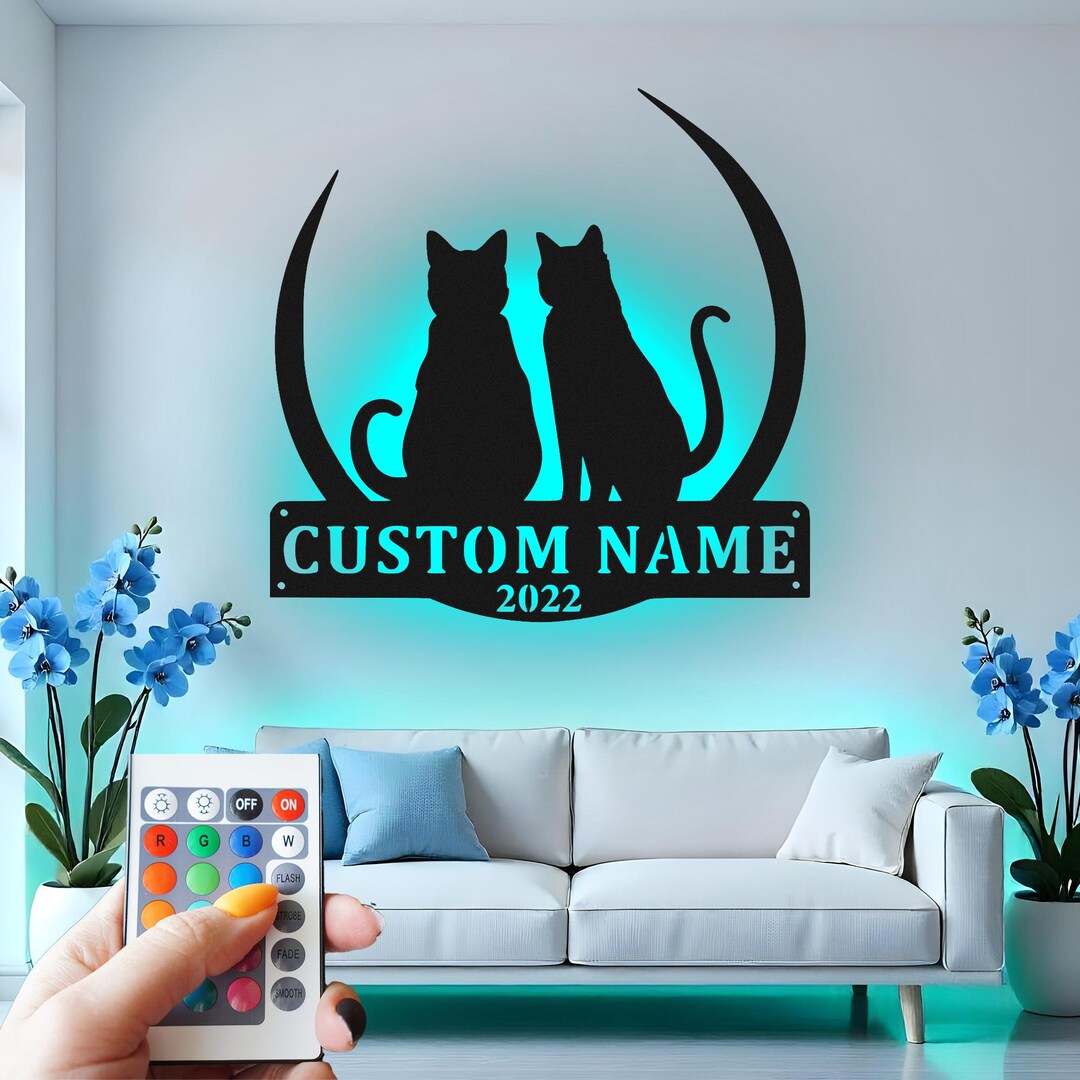 Cat Led Light Custom Sign Metal Wall Decor, Cat Lover Gift, Two Cats ...