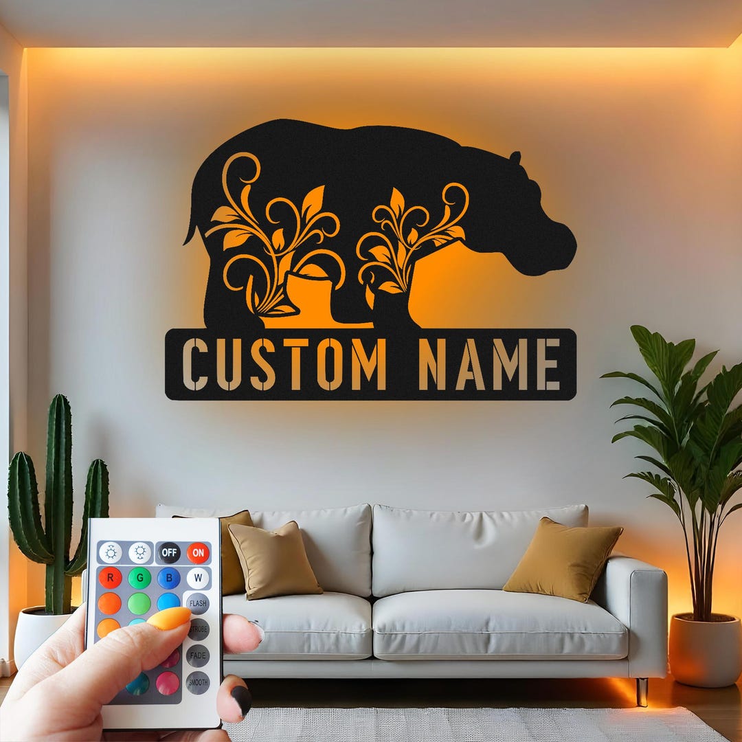 Custom Hippo Metal Wall Art With Led Light , Personalized Hippopotamus ...