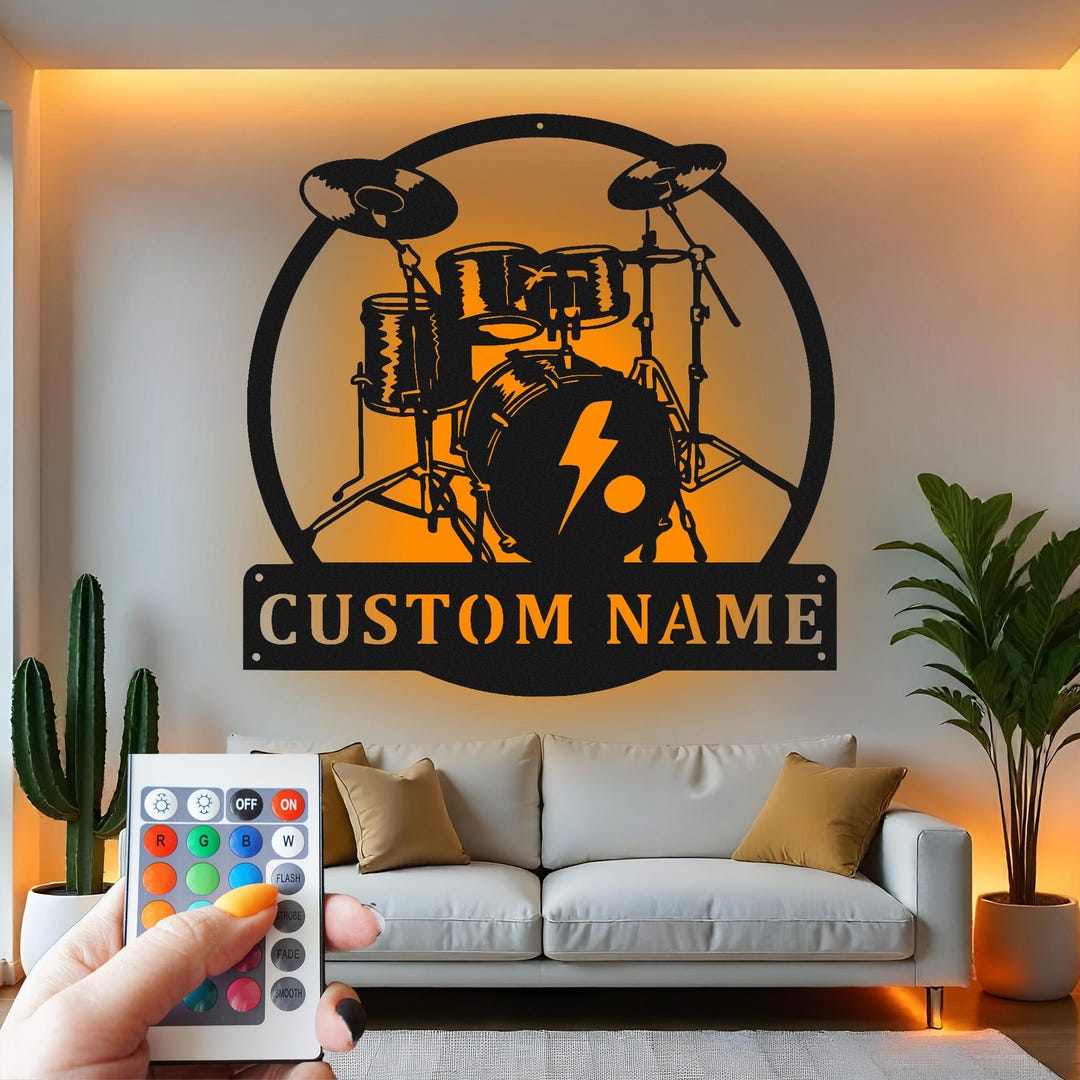 Custom Drum Set Metal Wall Art With Led Light , Personalized Drummer ...