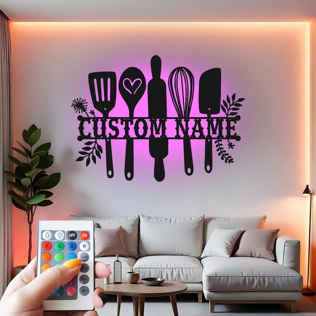 Kitchen Utensils Custom Sign Metal Wall Decor With Led Light , Cooking ...
