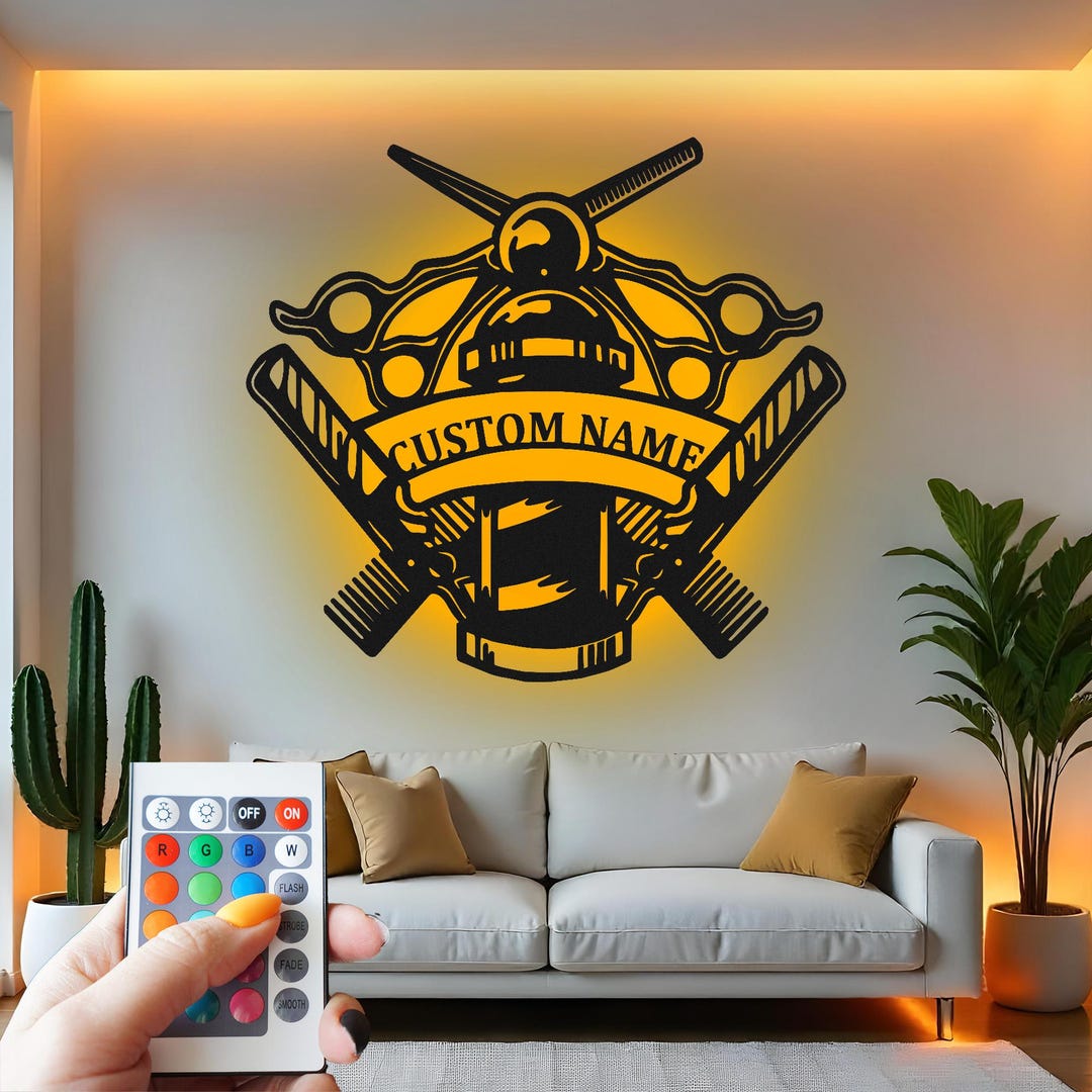 Custom Barber Shop Metal Wall Art With Led Light , Personalized Barber ...
