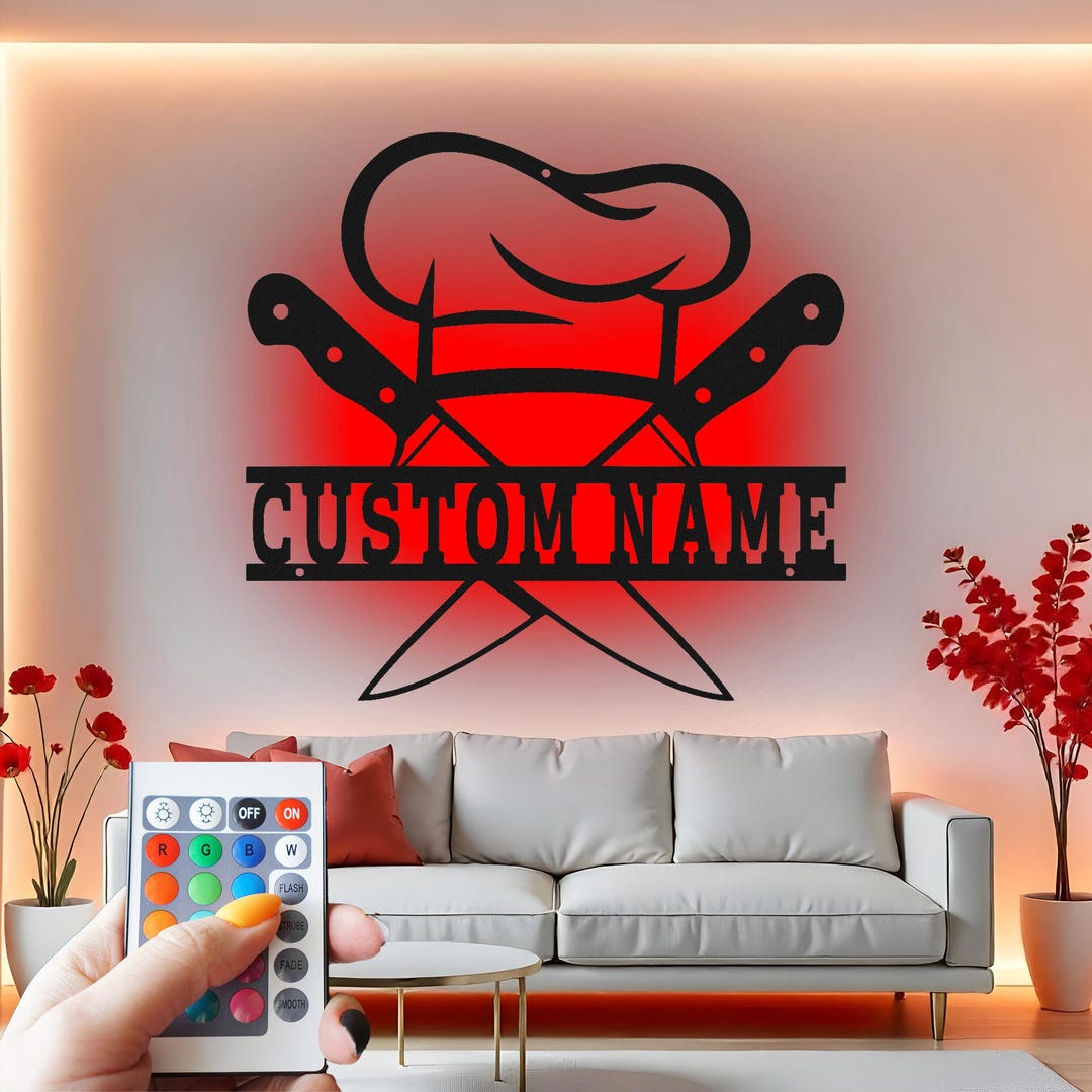 Custom Chef Hat Kitchen Metal Wall Art With Led Light , Personalized ...